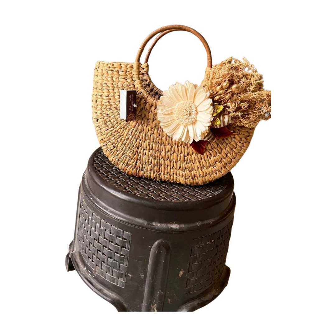 Floral Handwoven Basket Bag for Women | Sustainable Grass Fiber Tote ...