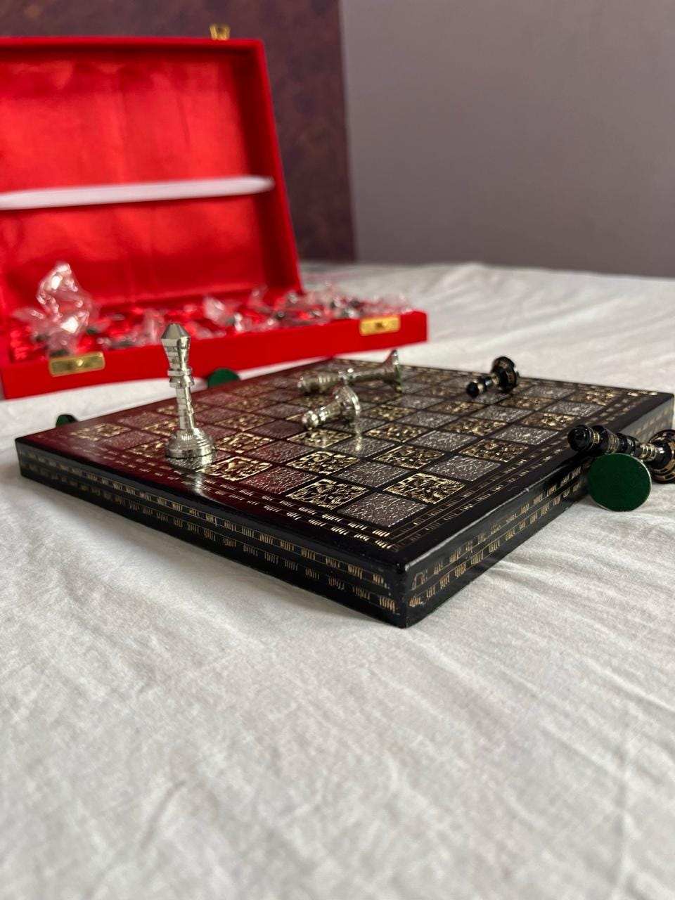 Handcrafted Brass Chess Set – Black and Silver 8x8 Inch Board, Coin ...