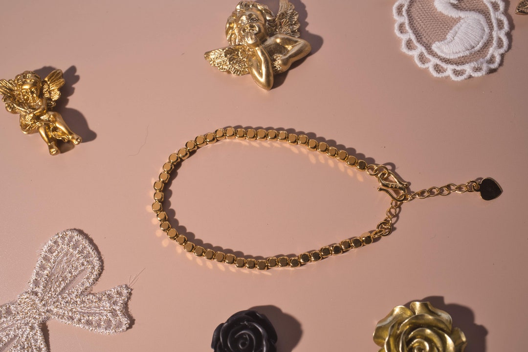 18K Gold Filled Square Cube Beads Bracelet With S Shape Hook, 18K Gold ...