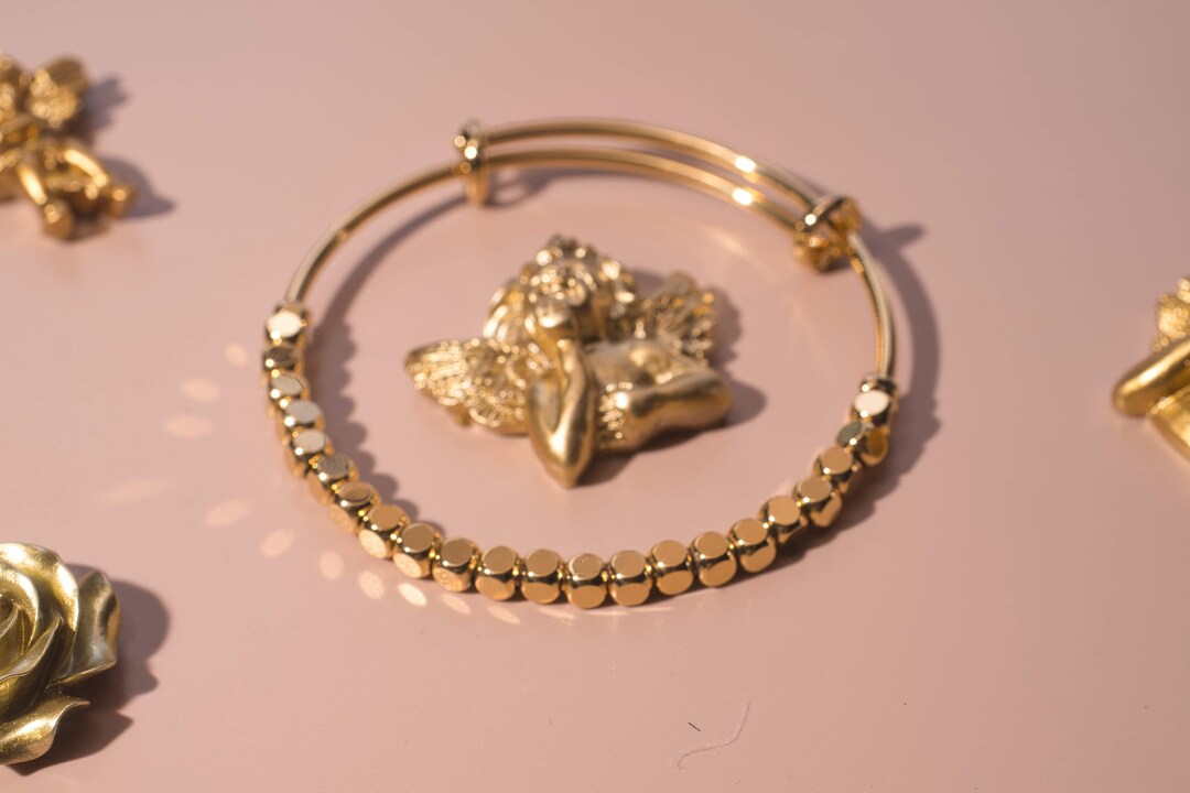 18K Gold Square Cube Beads Adjustable Bangle, 18K Gold Bead Bangle ...