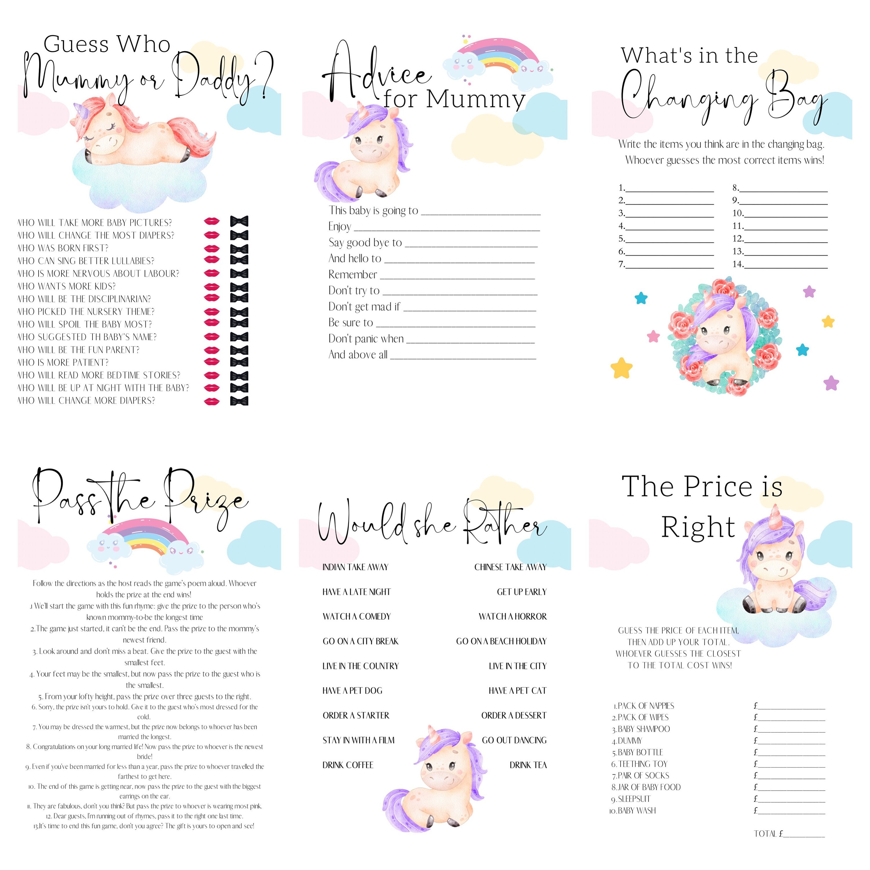 12 Unicorn Themed Baby Shower Games, Digital Download - Etsy