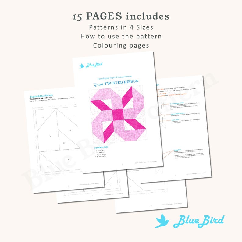 Twisted Ribbon Quilt Block Pattern, 4 Sizes Included, FPP, Foundation ...