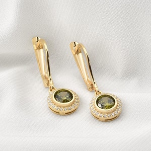 14K Solid Gold Peridot Round Bezel Dangle Earring Surrounded by Real ...
