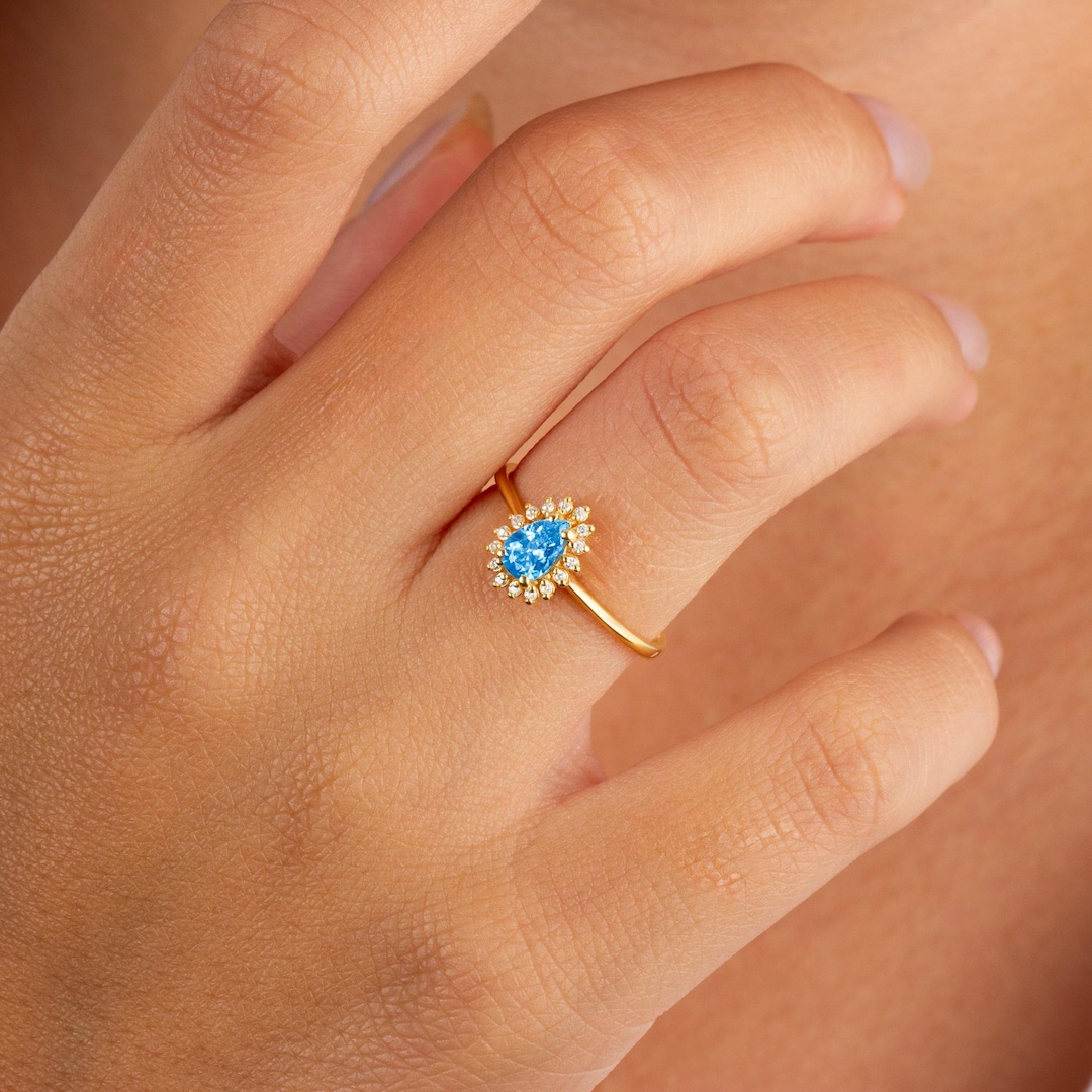 Blue Topaz Real Diamond 14K 10K 8K Solid Gold Ring, Teardrop December ...
