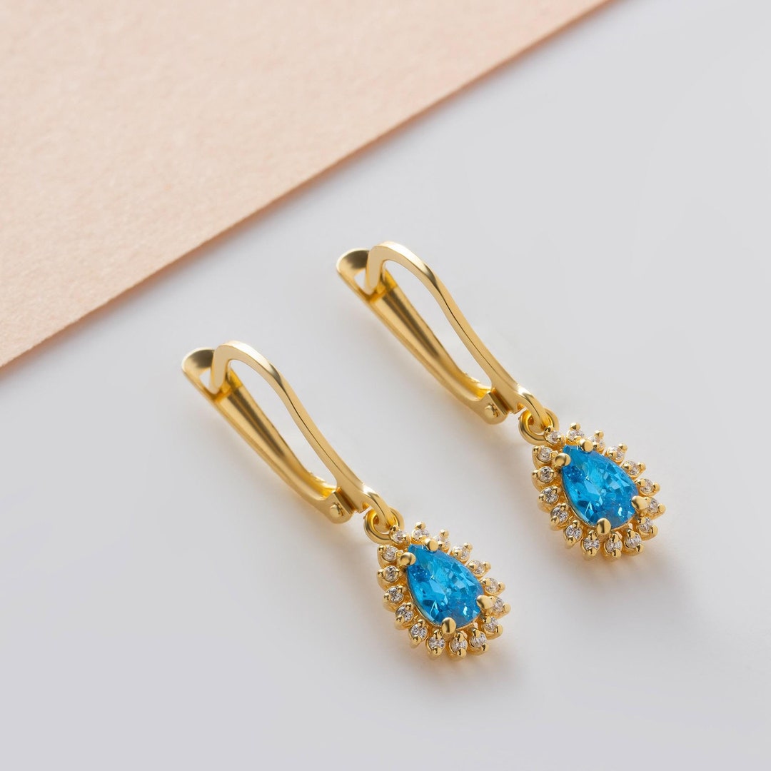 Blue Topaz Real Diamond 8K 10K 14K Solid Gold Drop Dangling Earrings ...
