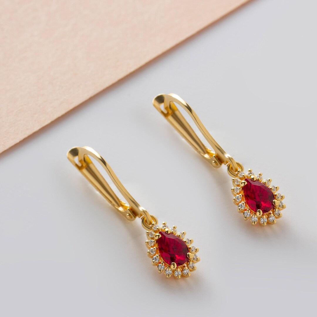 Ruby Real Diamond Surrounded Drop Cut Dangle Earrings, Chic 14K Solid ...
