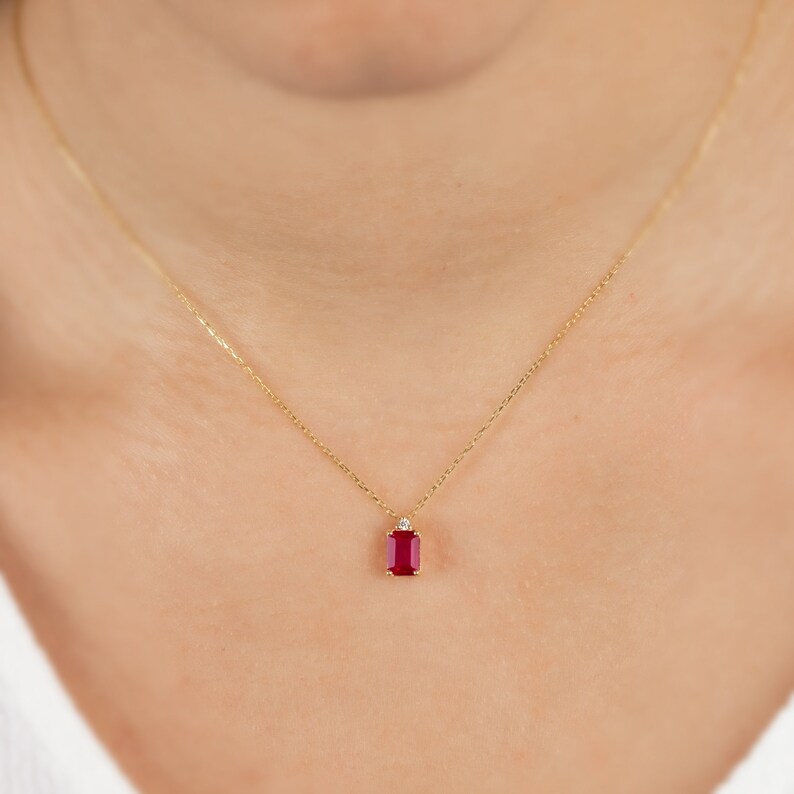 Real Diamond Ruby 14K 10K 8K Solid Gold Rectangle Necklace, July ...