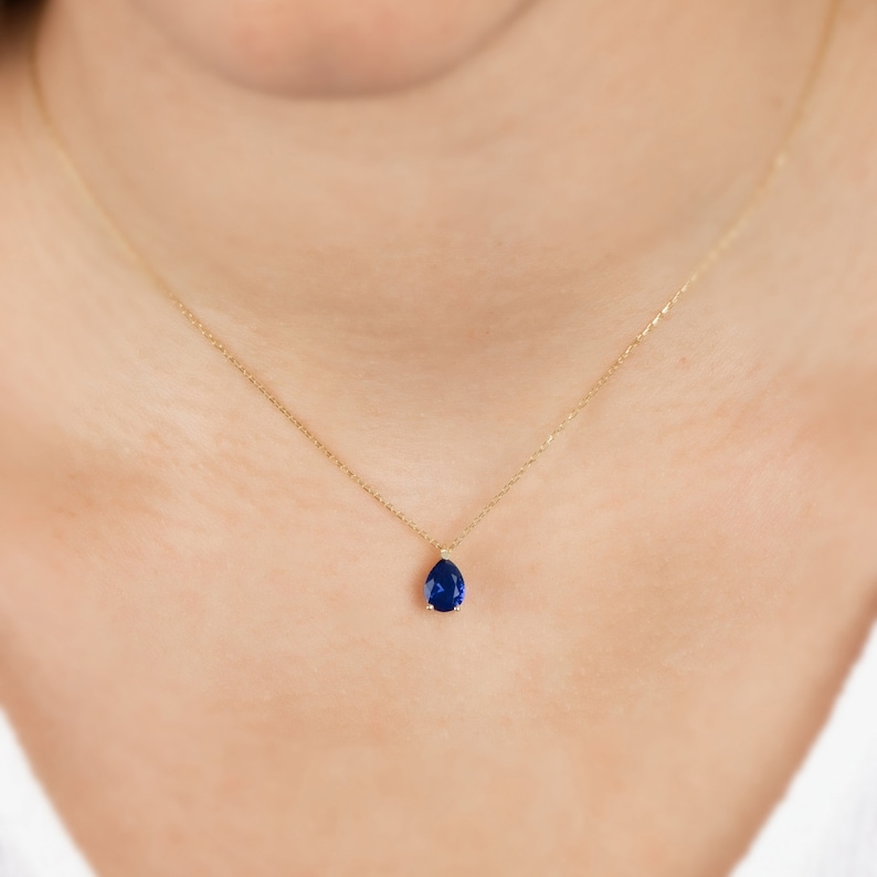 14K Solid Gold Drop Necklace Sapphire Drop Necklace - Etsy