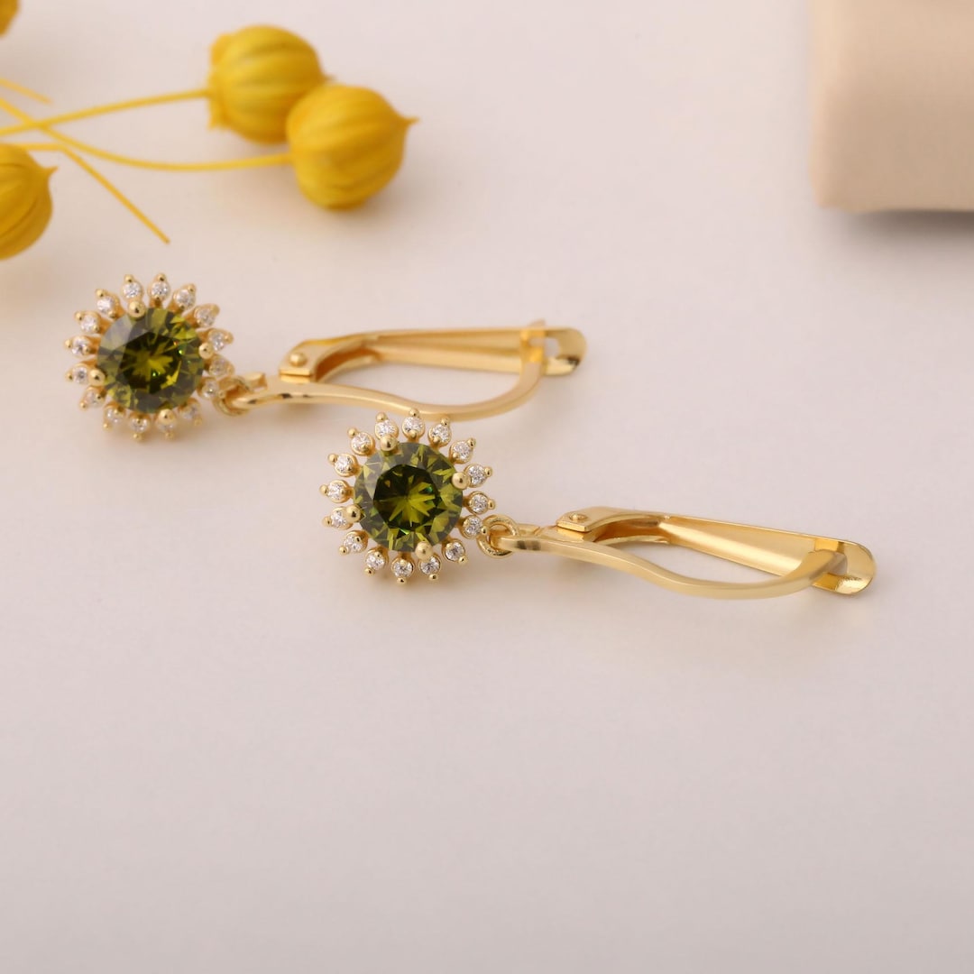 Peridot 8K 10K 14K Solid Gold Round Dangle Earrings With Real Diamond ...