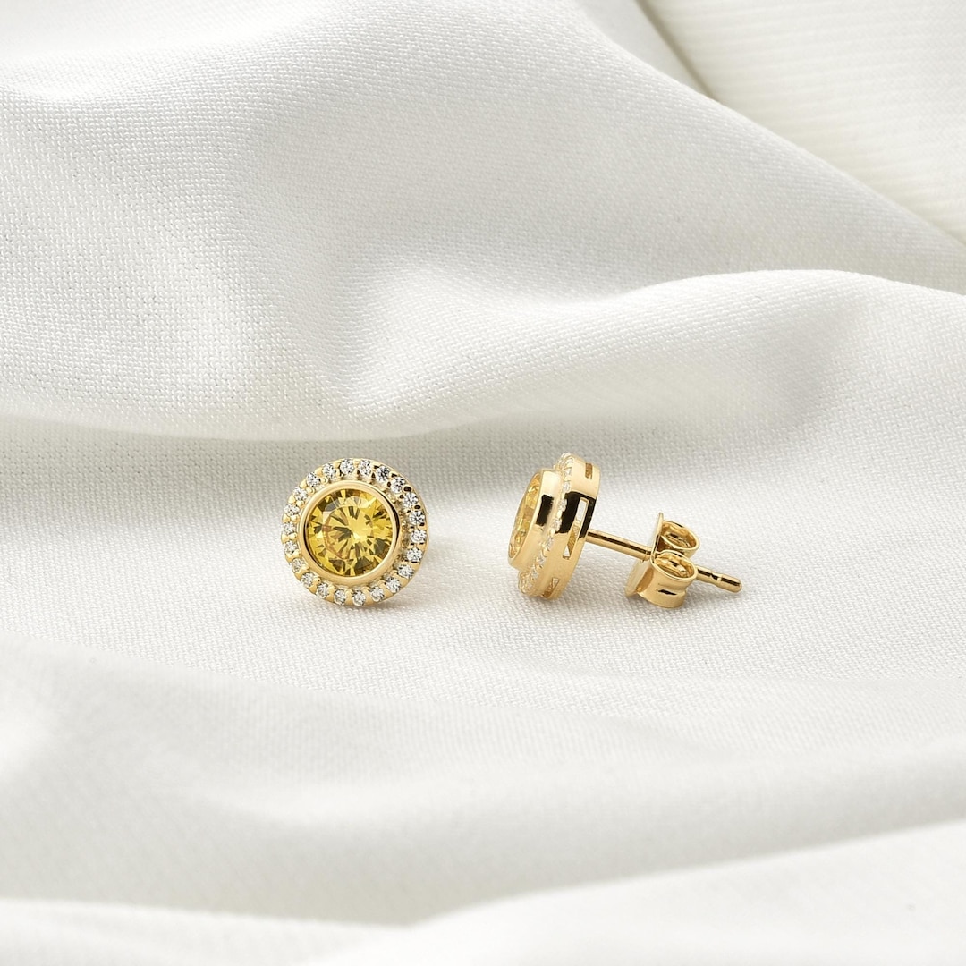 Round Yellow Topaz Stud Earring in 14K Solid Gold With Real Diamonds ...