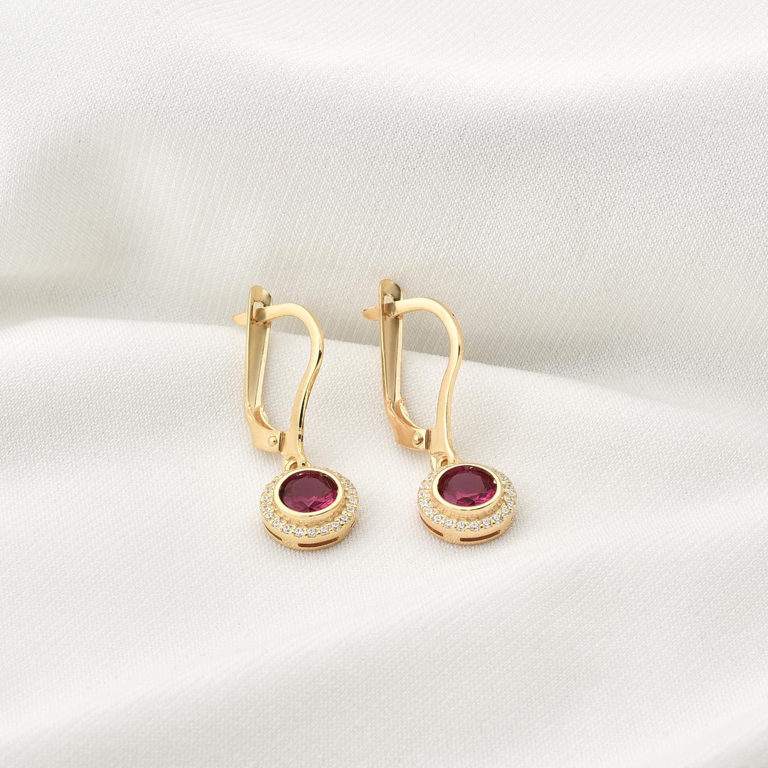 14K Solid Gold Ruby Round Bezel Dangle Earring Surrounded by Real ...