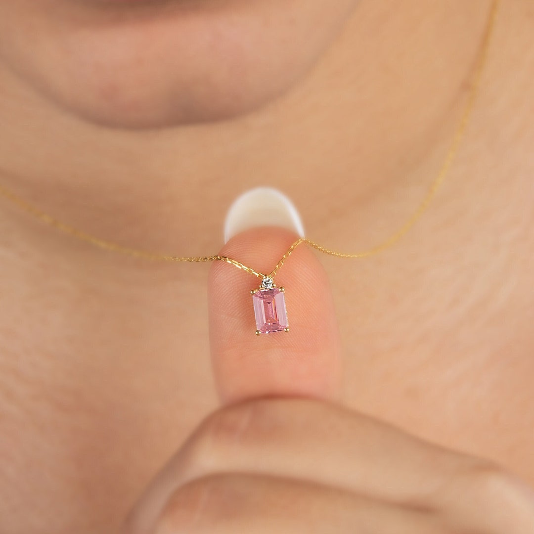 Real Diamond 14K Solid Gold Rectangle Pink Tourmailine Necklace ...