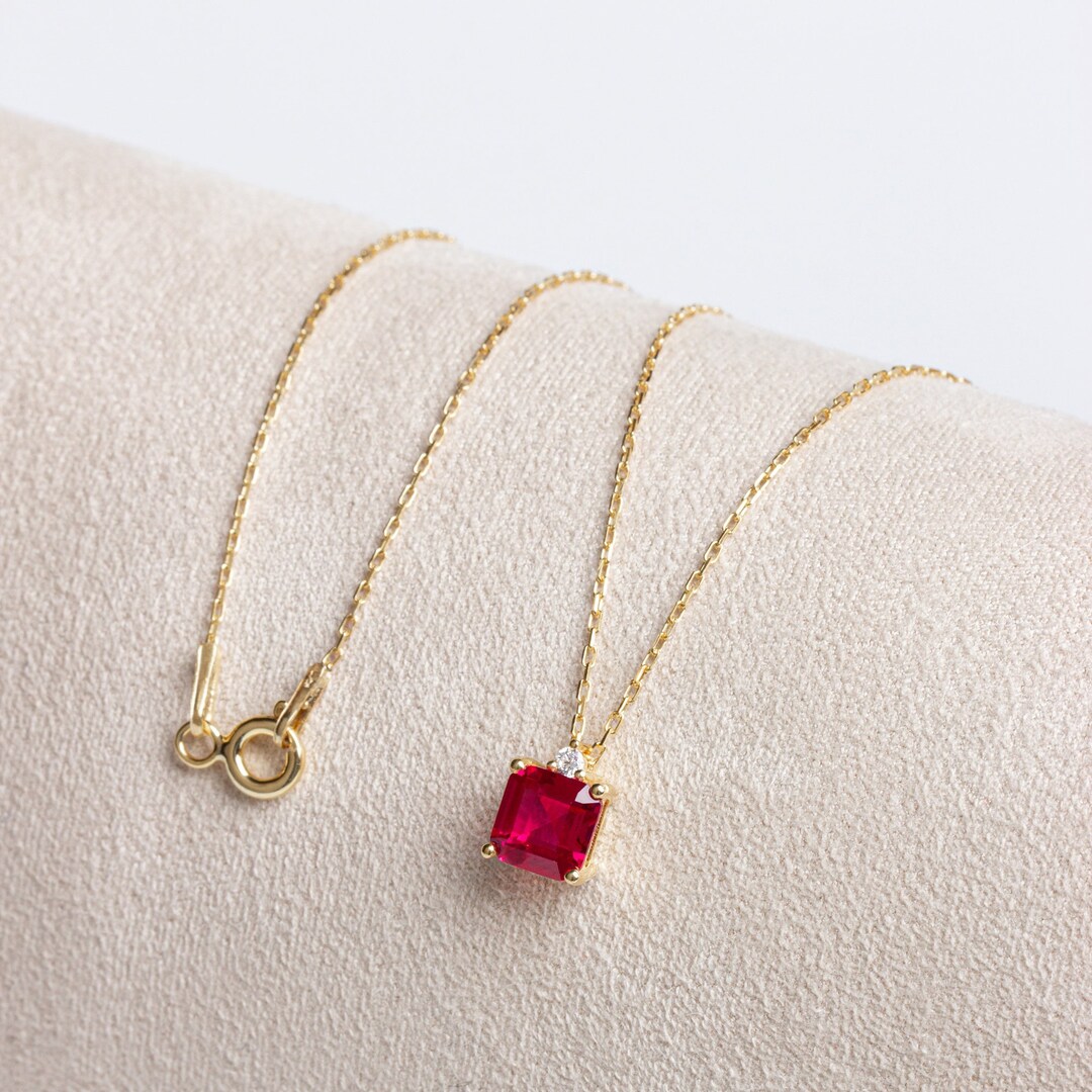 Real Diamond Square Ruby 14K Solid Gold Necklace, Solitaire Pendant ...