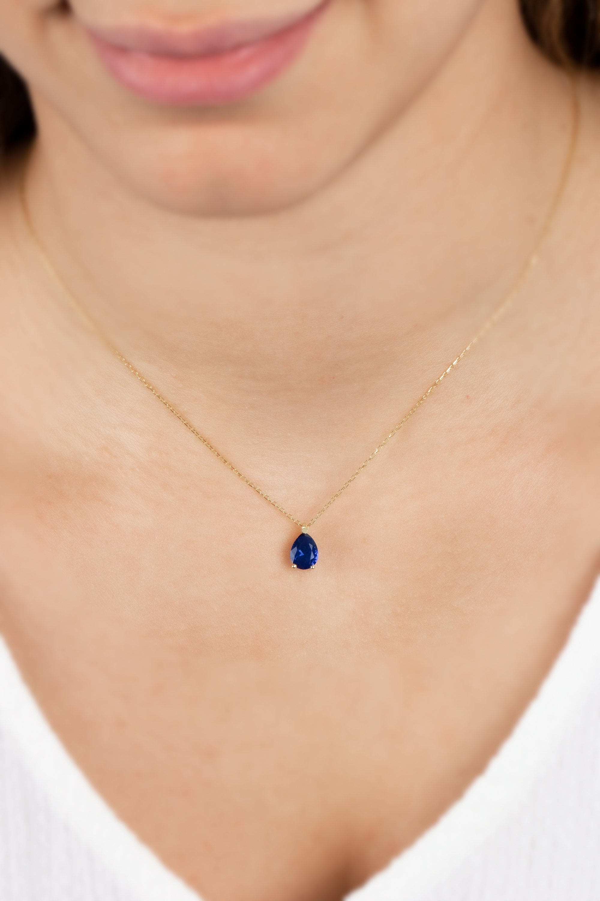 14K Solid Gold Drop Necklace Sapphire Drop Necklace - Etsy