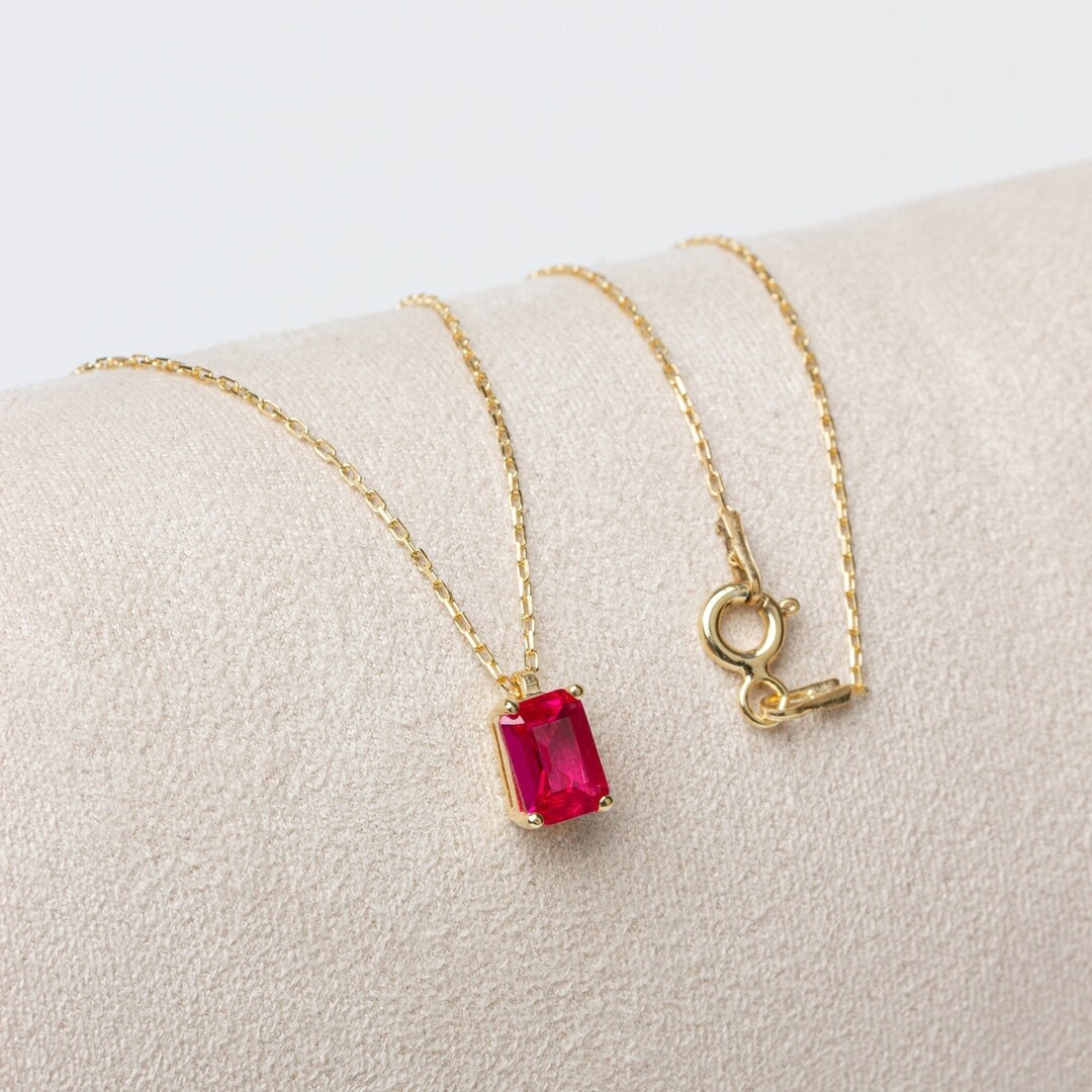 Rectangle Ruby Necklace 14K Solid Gold, July Birthstone Necklace ...