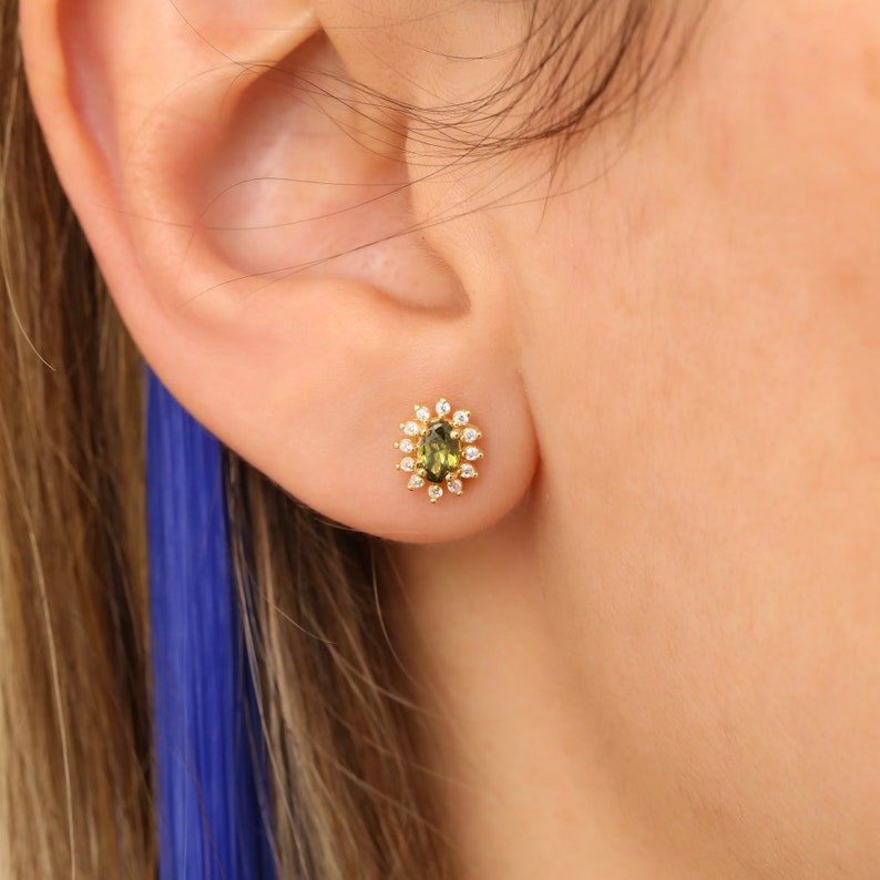 Oval Peridot Real Diamond 14K 10K Solid Gold Stud Earrings, August ...