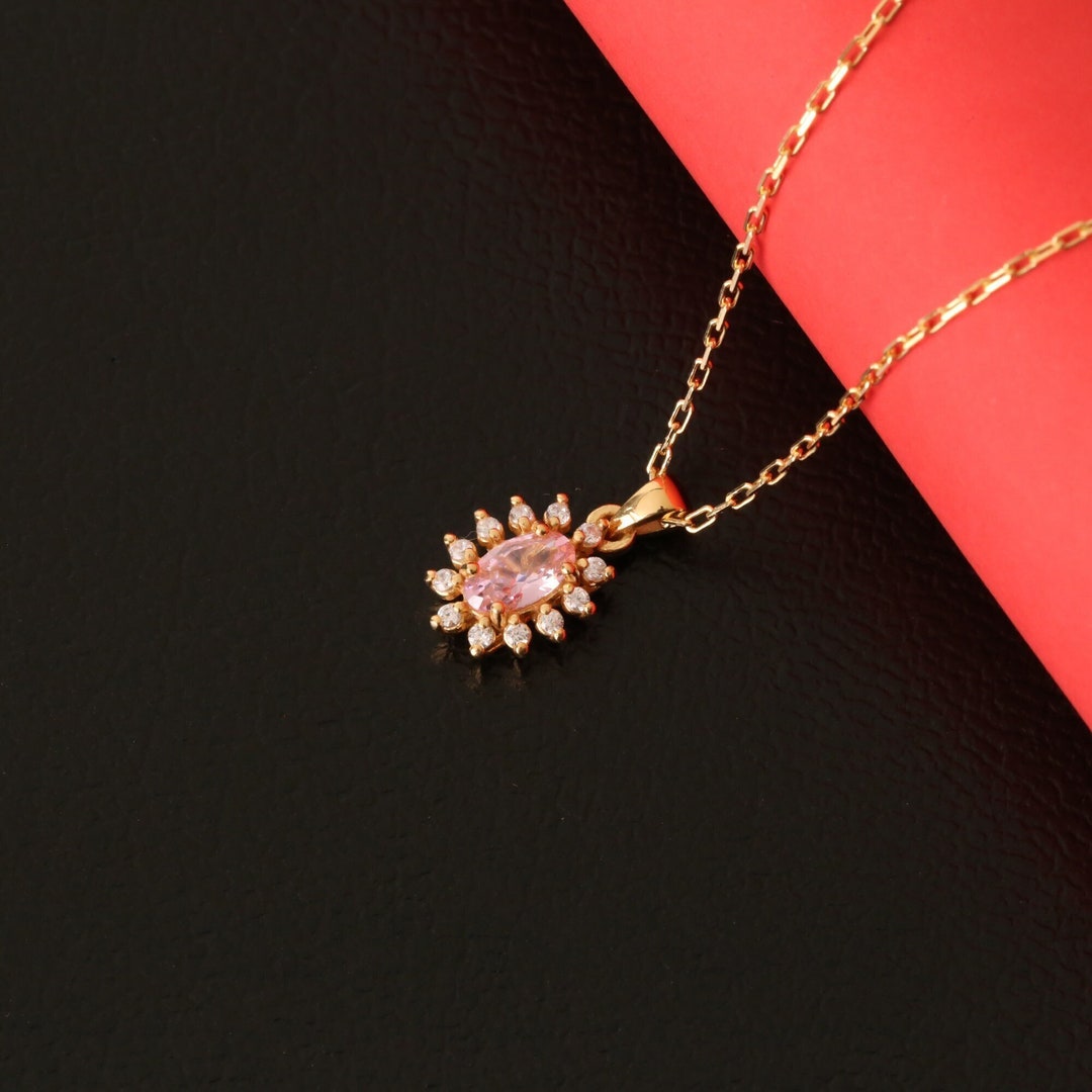 Oval Pink Tourmaline Real Diamond Necklace, 14K 10K 8K Solid Gold ...