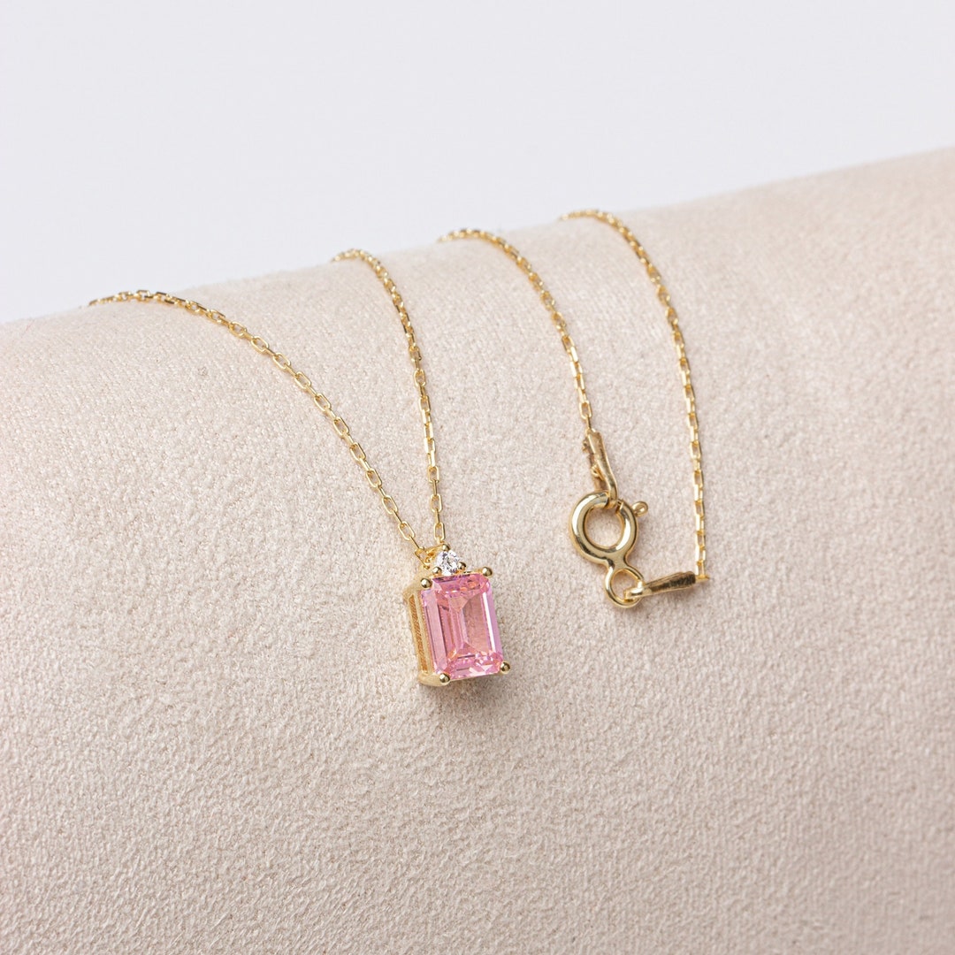 Rectangle Pink Tourmaline Real Diamond Necklace, 14K 10K 8K Solid Gold ...