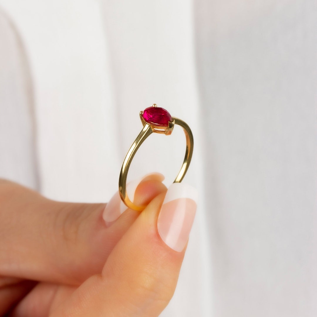 Drop Ruby Ring 14K Solid Gold, Tear Drop Ring, July Birthstone, Perfect ...