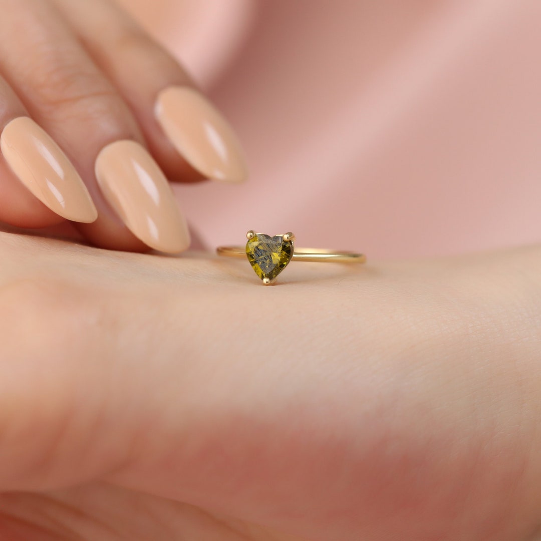 14K Solid Gold Heart Ring, August Birthstone Peridot, Romantic Jewelry ...