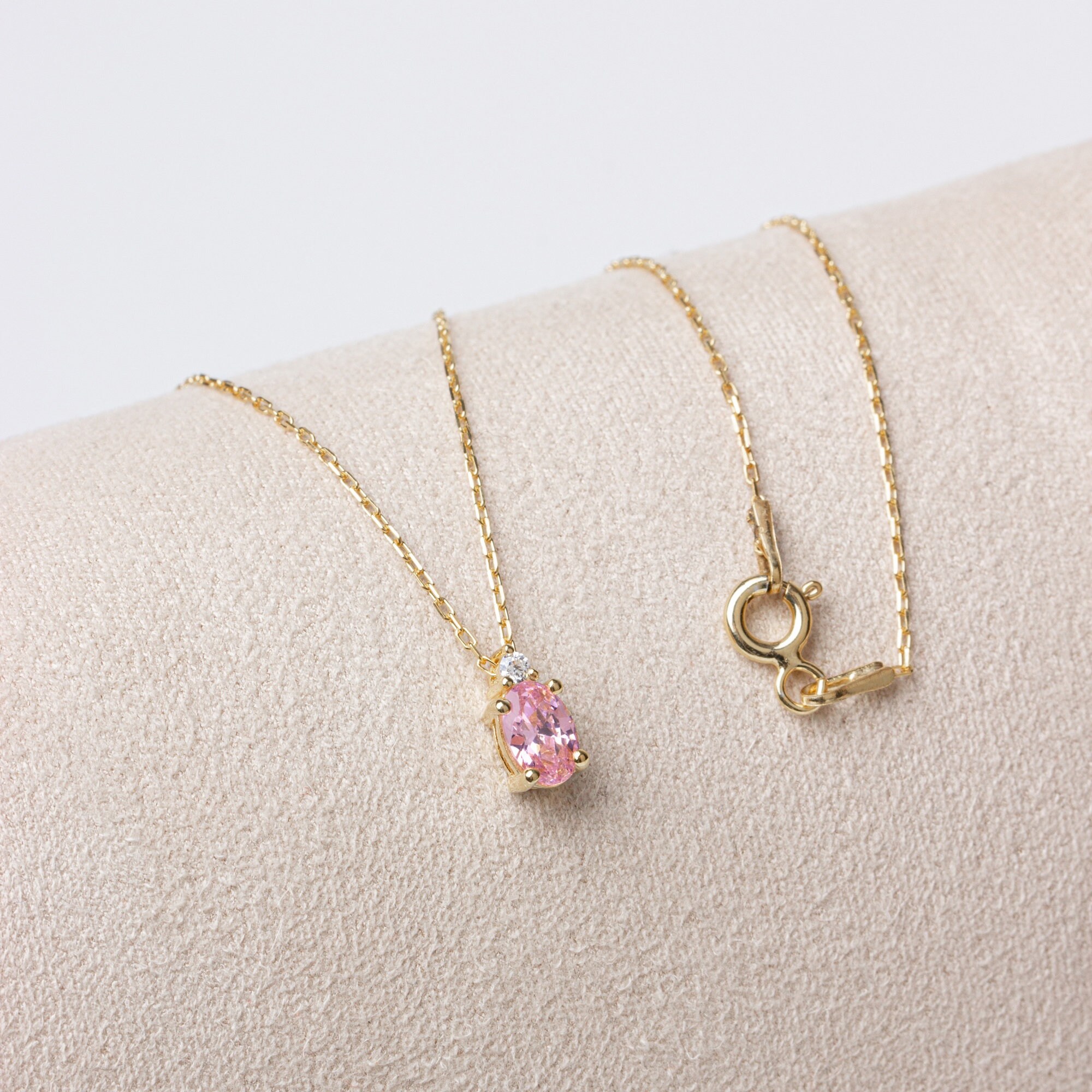 Oval Pink Tourmaline Necklace With Real Diamond, October Birthstone ...