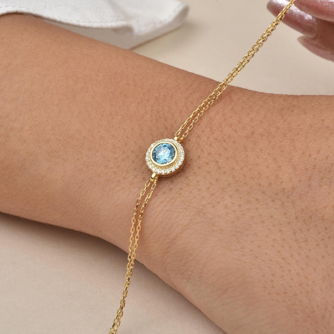 Blue Topaz Real Diamond Halo Round Cut Bracelet, 14K 10K 8K Solid Gold ...