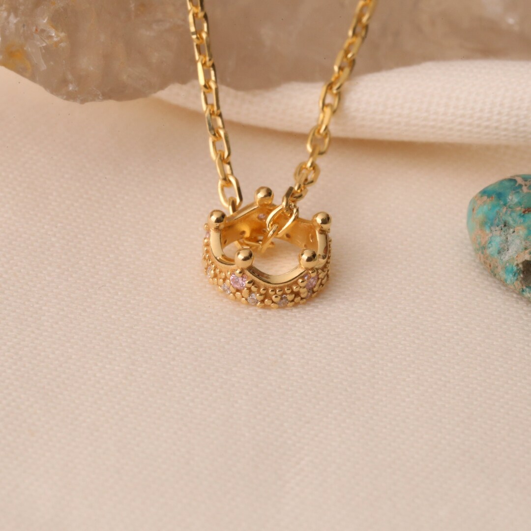 Real Diamond Crown Necklace 14K Solid Gold, October Birthstone Pink ...