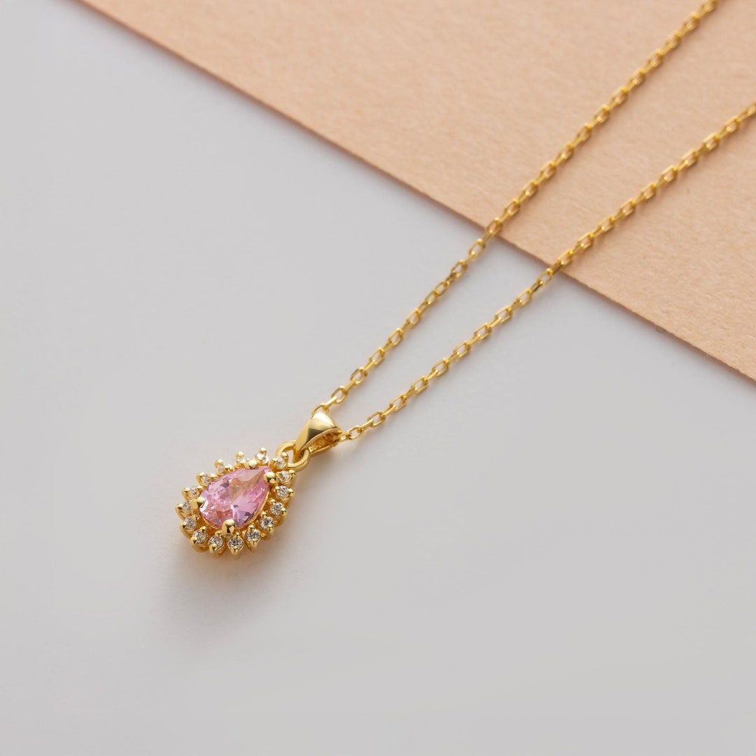 Pink Tourmaline Real Diamond Surrounded Drop Cut Pendant, 14K Solid ...
