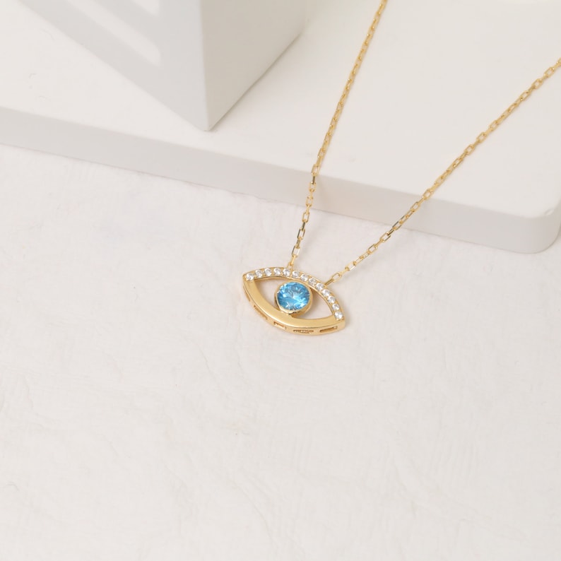 14K Solid Gold Blue Topaz Real Diamond Evil Eye Necklace, Stylish Woman ...