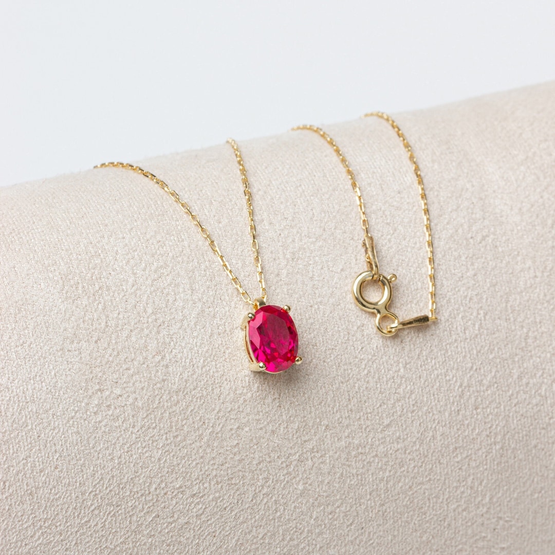14K Solid Gold Oval Ruby Necklace, Handmade July Birthstone Pendant - Etsy