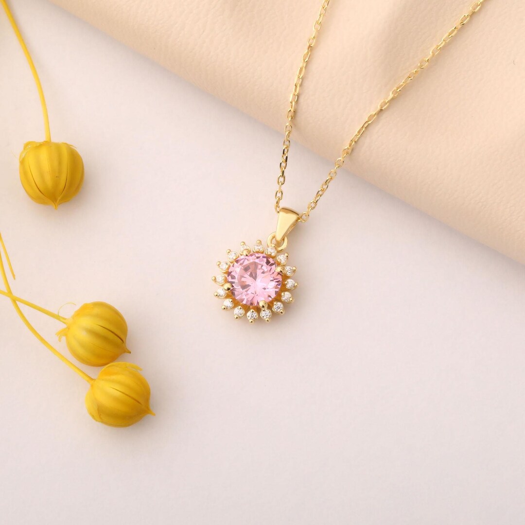 Pink Tourmaline 14K 10K 8K Solid Gold Round Necklace, Real Diamond Halo ...