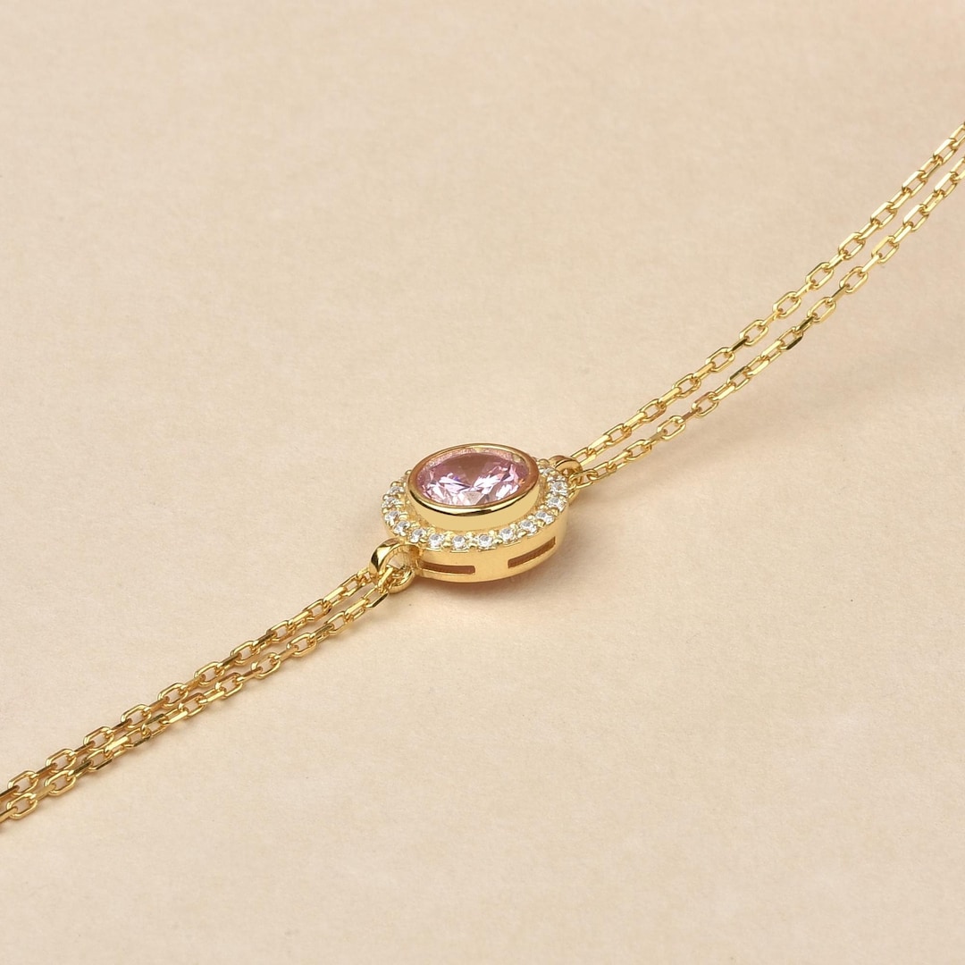 Pink Tourmaline Round Real Diamonds Halo Bracelet, Bezel 14K Solid Gold ...