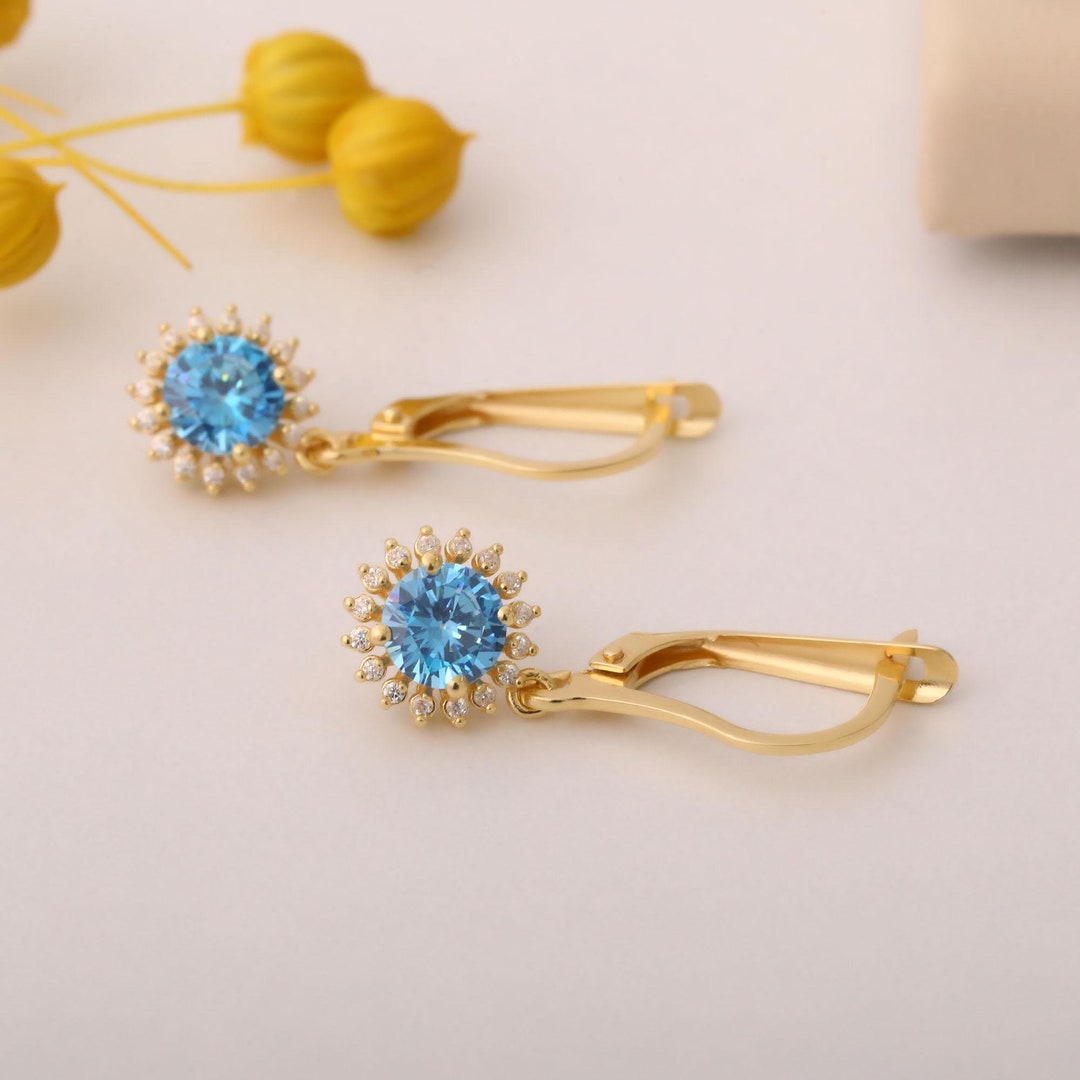 Blue Topaz Real Diamond Round 8K 10K 14K Solid Gold Dangle Earrings ...