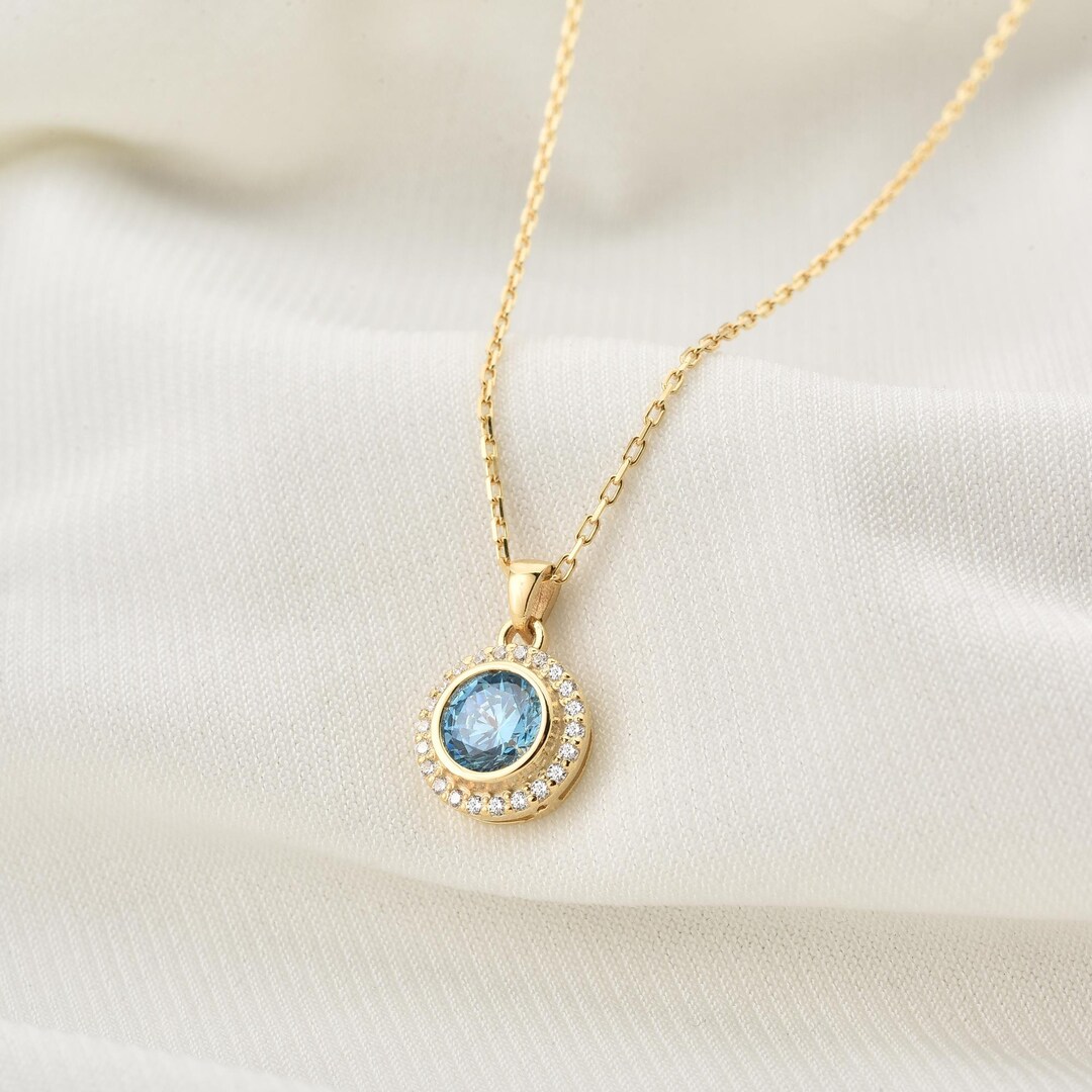 Blue Topaz Real Diamond Halo Round Necklace, 14K Solid Gold December ...