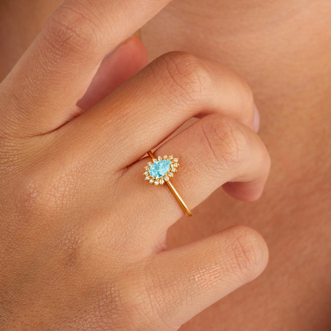Aquamarine Real Diamond Halo Ring, Drop Cut March Birthstone, 14K 10K ...