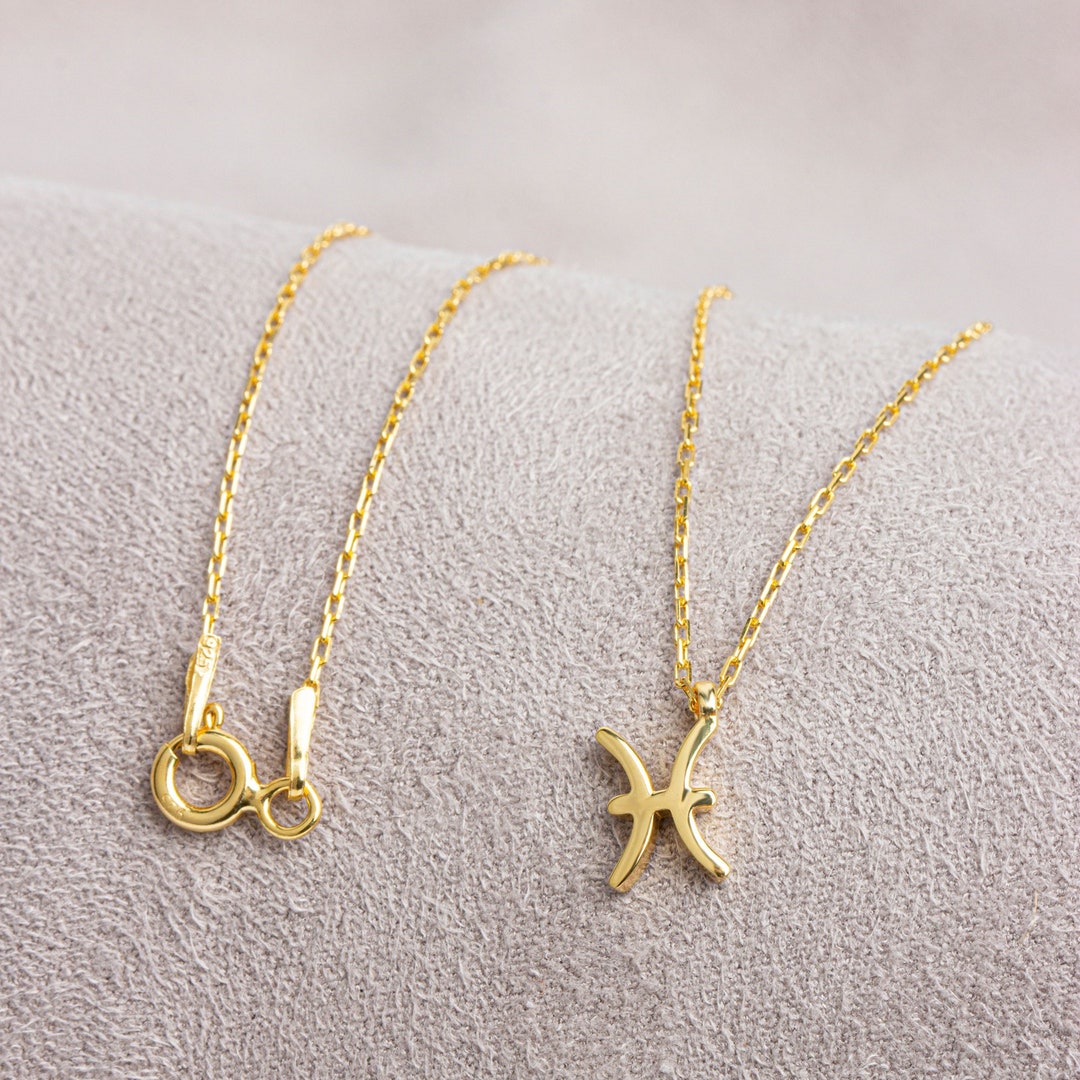 Pisces Sign Necklace 14k Solid Gold, Pisces Zodiac Sign Necklace ...