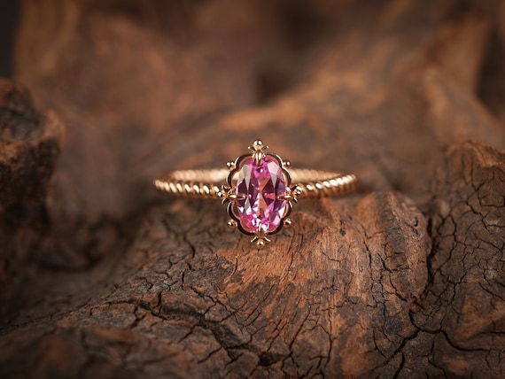 Vintage Pink Sapphire Solid Gold Engagement Ring Unique Wedding Ring Pink Statement Ring Dainty Bridal Ring Proposal Ring