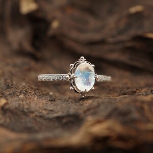 Vintage Moonstone Engagement Ring, Unique Solid Gold Diamond Ring ...