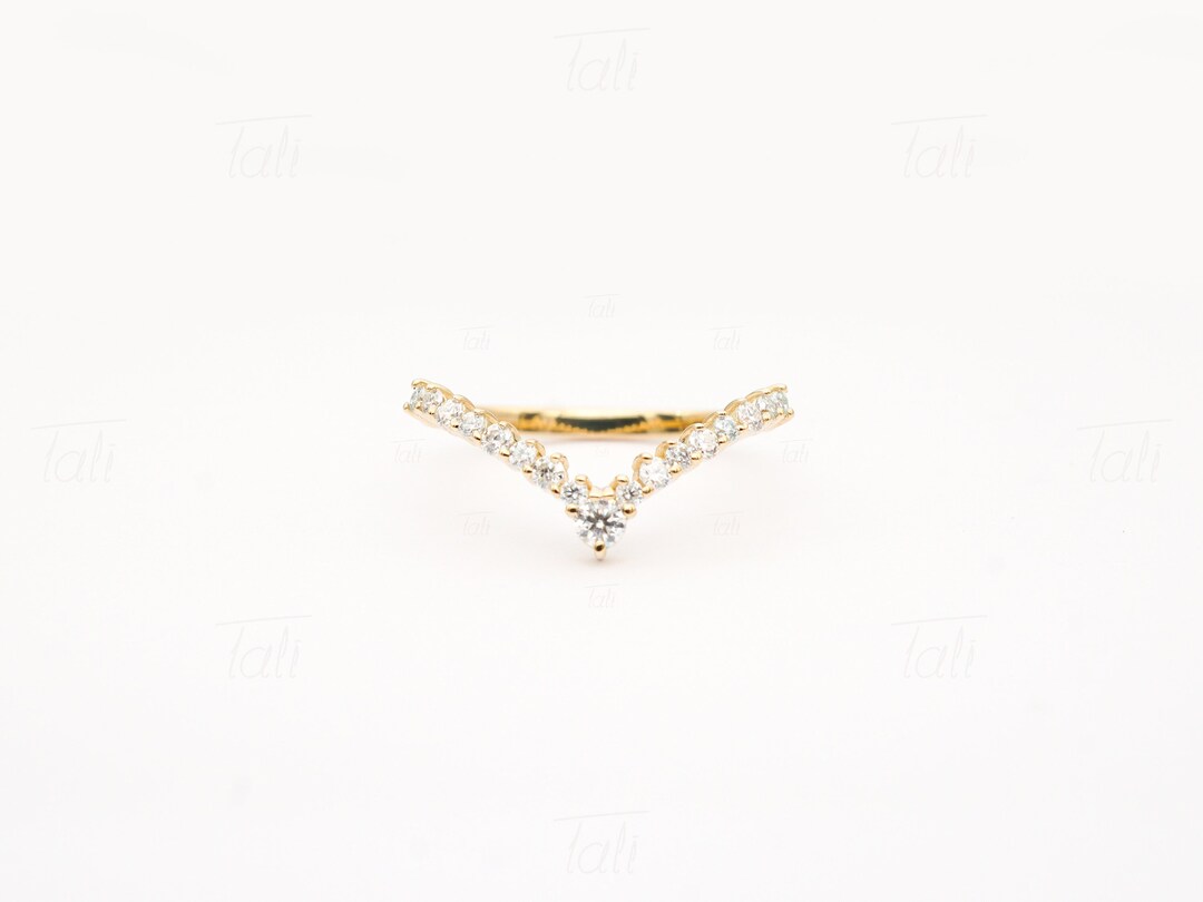 V Shape Wedding Band, Diamond Stacking Gold Ring, Moissanite Stacking ...