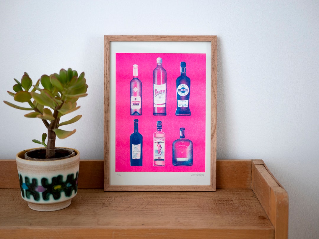 Alcohol Bottles A4 Risograph Illustration - Etsy