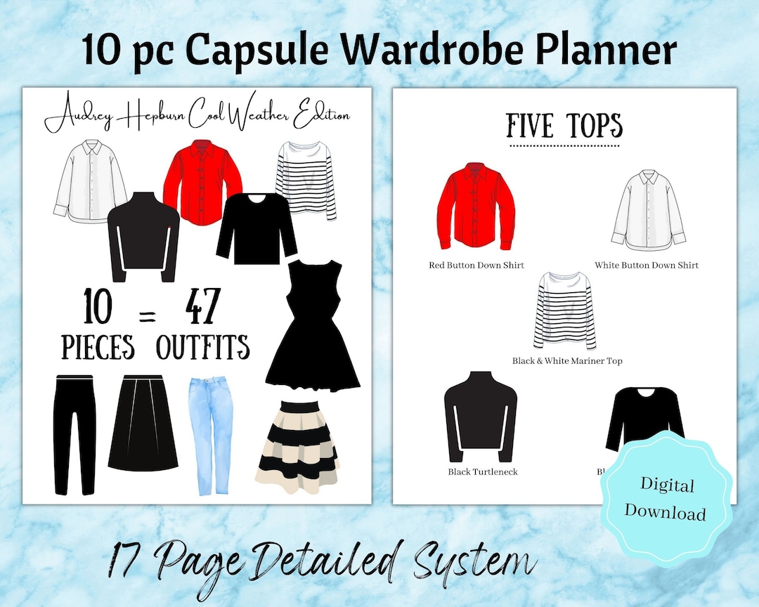 Capsule Wardrobe Planner, 10 Pc, 47 Outfits, Audrey Hepburn Style, Cold ...