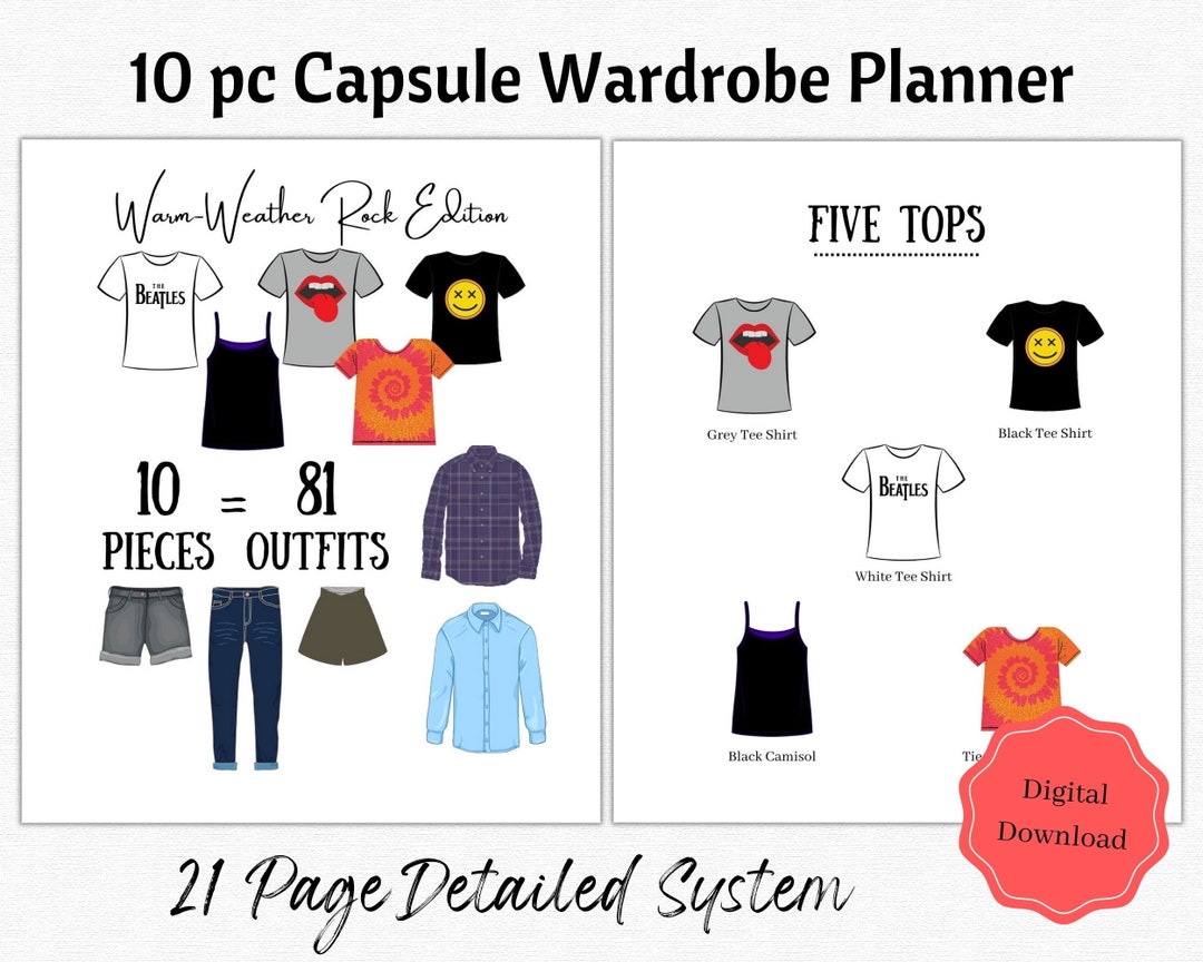 Capsule Wardrobe Planner, 10 Pc, 81 Outfits, Warm Weather, Rock Edition ...
