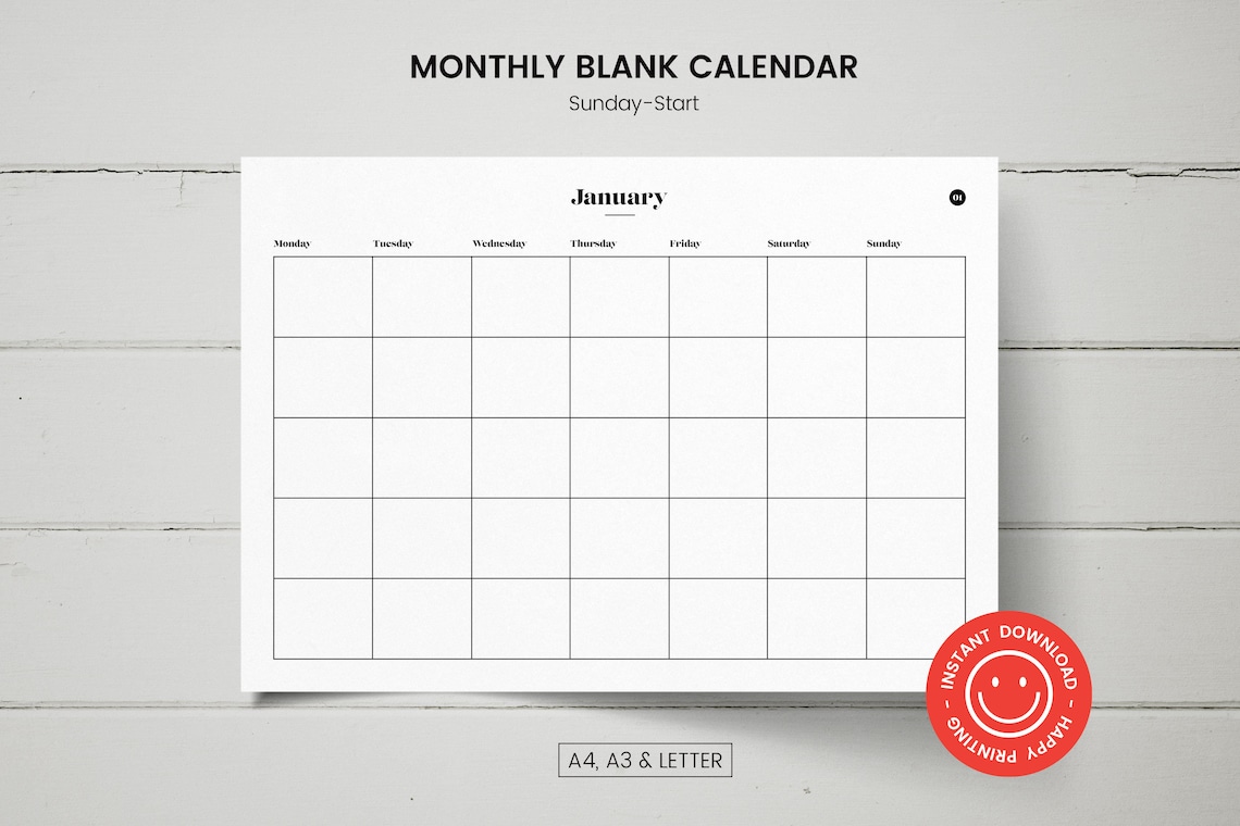 Monthly Blank Calendar sunday-start, Printable Simple Calendar, A4, A3 ...