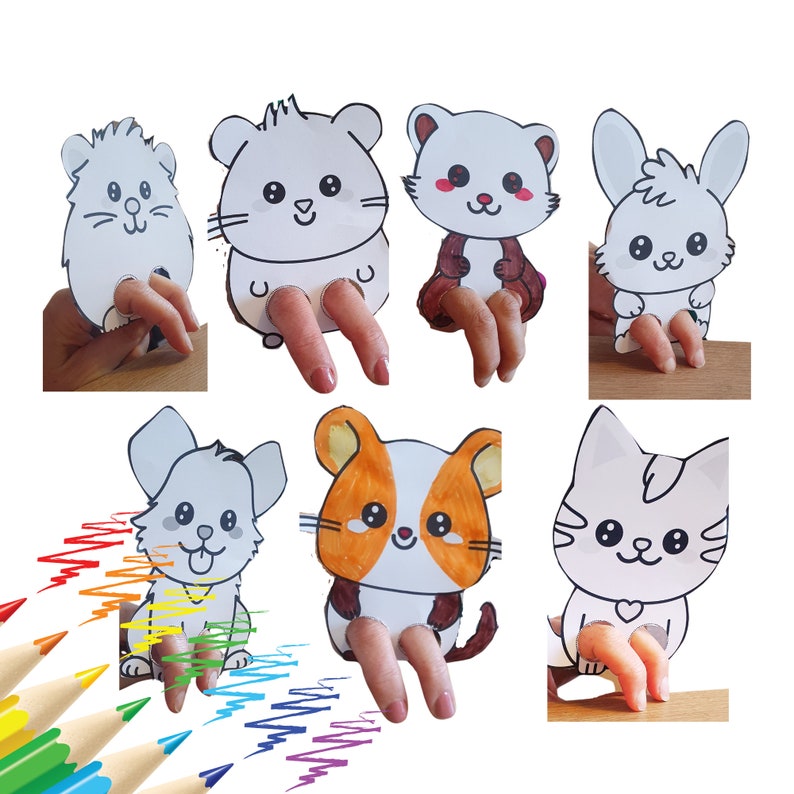 7 DIY Pets Animal Finger Puppet Easy Card Colouring Crafts Kids PDF Toy ...