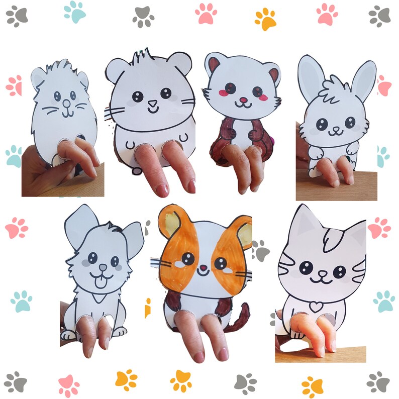 7 DIY Pets Animal Finger Puppet Easy Card Colouring Crafts Kids PDF Toy ...