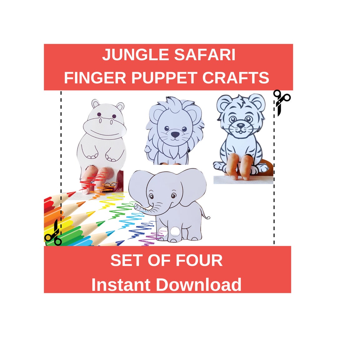 4 Jungle Safari Animal Finger Puppet Set Easy Card Colouring Crafts ...