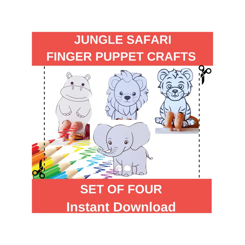 4 Jungle Safari Animal Finger Puppet Set Easy Card Colouring Crafts ...