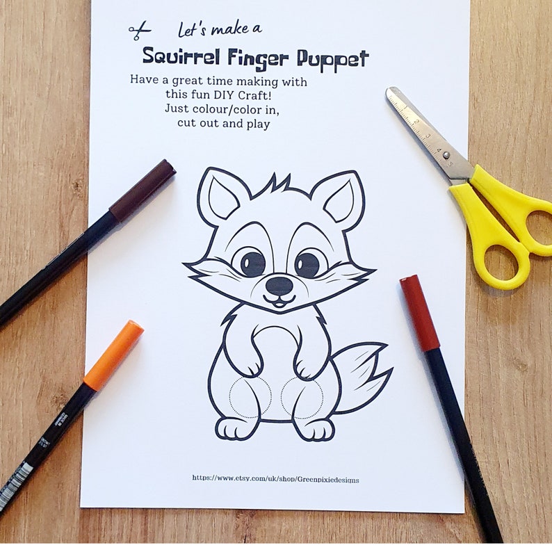 DIY Squirrel Finger Puppet: Kids Coloring Craft Kit (PDF) - Etsy