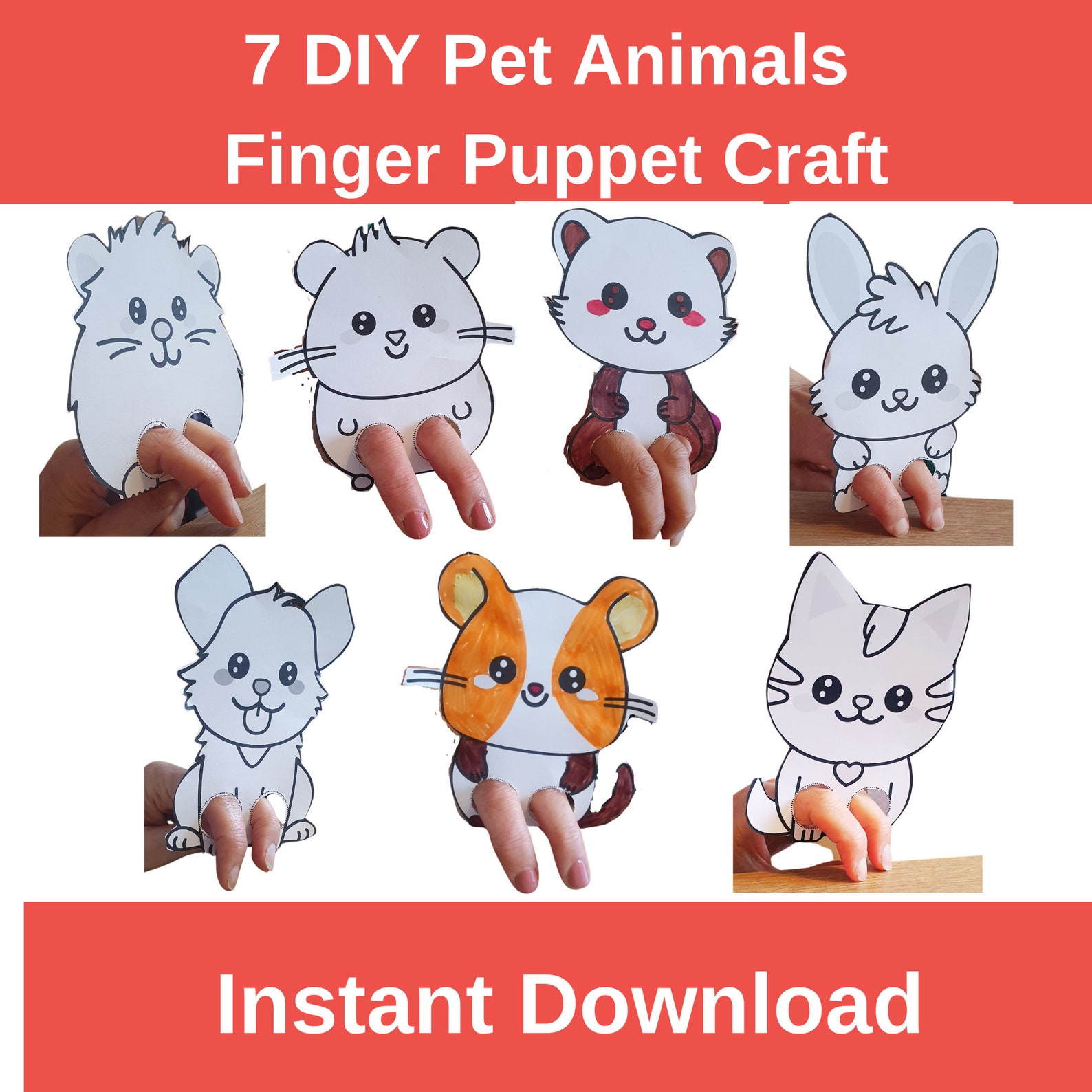 7 DIY Pets Animal Finger Puppet Easy Card Colouring Crafts Kids PDF Toy ...
