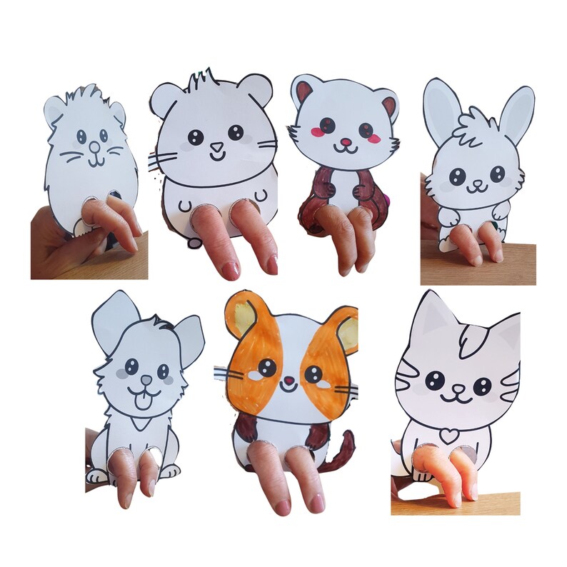 7 DIY Pets Animal Finger Puppet Easy Card Colouring Crafts Kids PDF Toy ...
